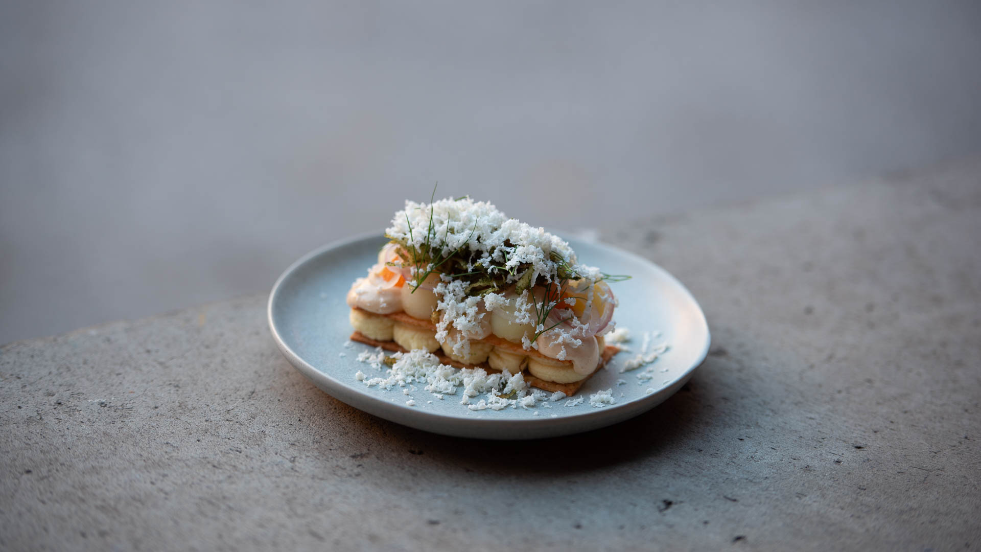 Smoked char with pickled spicy potatoes, smoked cheese cream, vendace ...